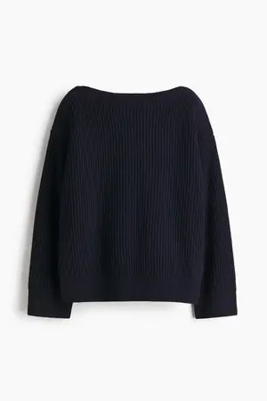 H&m Oversized Wool-blend Jumper With Boat Neckline - Navy Blue