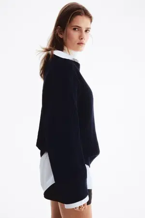 H&m Oversized Wool-blend Jumper With Boat Neckline - Navy Blue