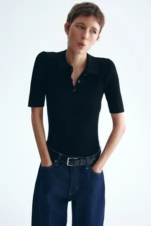 H&m Ribbed Pointelle Knit Collared Top - Black
