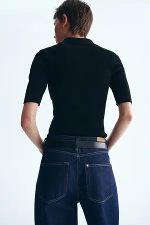 H&m Ribbed Pointelle Knit Collared Top - Black