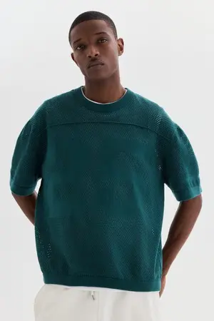 H&m Relaxed Fit Boxy Mesh T-shirt - Dark Teal