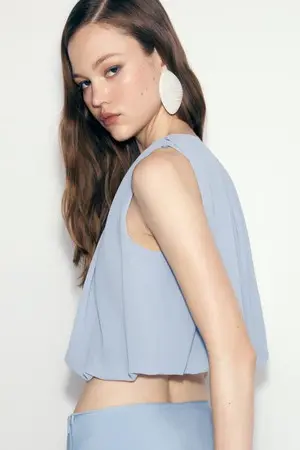 H&m Sleeveless Draped Bubble-hem Top - Light Blue
