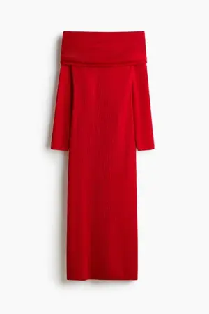 H&m Off-the-shoulder Knit Maxi Dress - Red