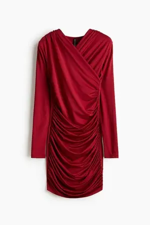 H&m Draped Jersey Mini Dress With V-neckline And Gathers - Red