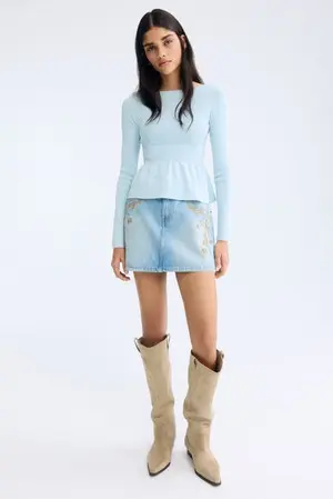 H&M Fine Knit Peplum Top With Boat Neckline And Long Sleeves