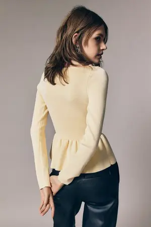 H&m Fine Knit Peplum Top With Boat Neckline And Long Sleeves - Light Yellow