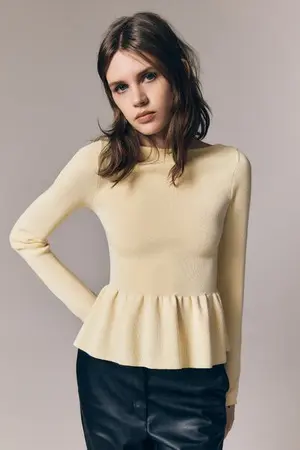 H&m Fine Knit Peplum Top With Boat Neckline And Long Sleeves - Light Yellow