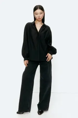 H&m Gathered Balloon Sleeve Blouse - Black