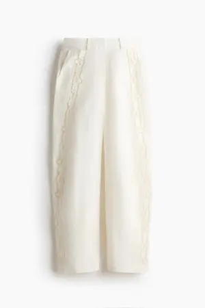 H&m Linen-blend Barrel Leg Trousers With Lace Insets