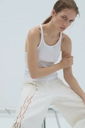 H&m Linen-blend Barrel Leg Trousers With Lace Insets