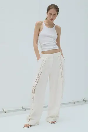 H&m Linen-blend Barrel Leg Trousers With Lace Insets