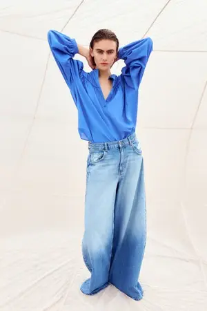 H&m Oversized Blouse With Band Collar And Balloon Sleeves