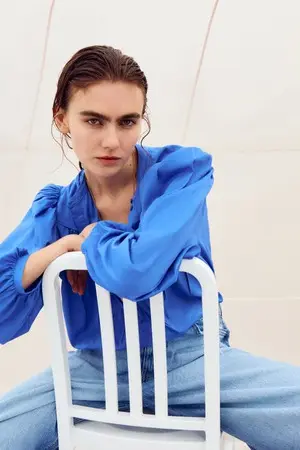 H&m Oversized Blouse With Band Collar And Balloon Sleeves
