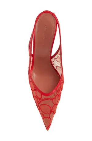 Amina Muaddi Lace Pointed Toe Slingback Pumps