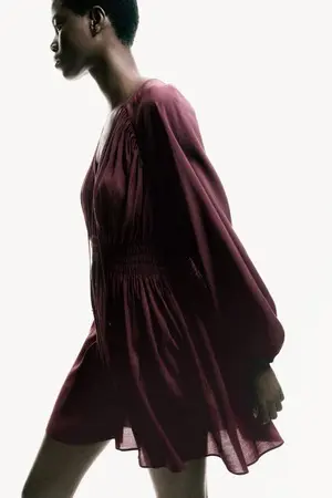H&m Oversized Tunic Dress With Balloon Sleeves And Paisley Print - Dark Red