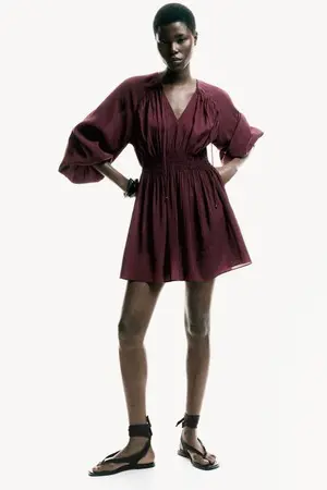 H&m Oversized Tunic Dress With Balloon Sleeves And Paisley Print - Dark Red