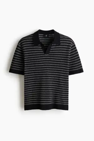 H&m Regular Fit Linen-blend Polo Shirt - Black/striped