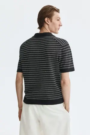 H&m Regular Fit Linen-blend Polo Shirt - Black/striped