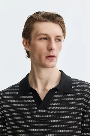 H&m Regular Fit Linen-blend Polo Shirt - Black/striped