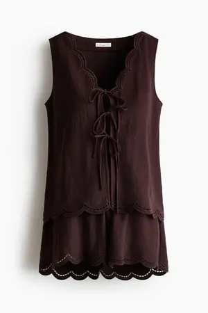 H&m Two-piece Scalloped Broderie Anglaise Set - Dark Brown