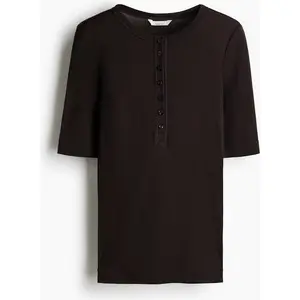 H&m Pima Cotton Fitted Top With Button Placket - Dark Brown