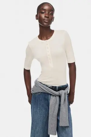 H&m Pima Cotton Sheer Jersey Top With Button Placket - Light Beige