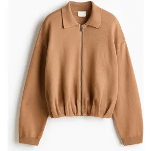 H&m Oversized Zip-through Cardigan With Collar - Dark Beige