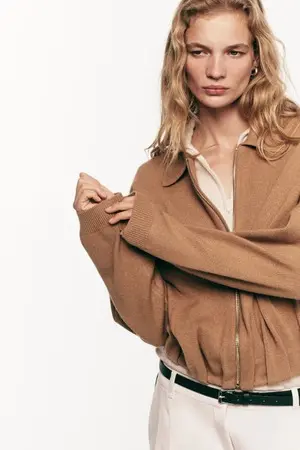 H&m Oversized Zip-through Cardigan With Collar - Dark Beige