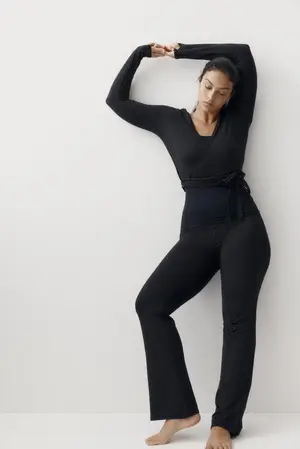 H&m Flared Brushed Jersey Trousers - Black