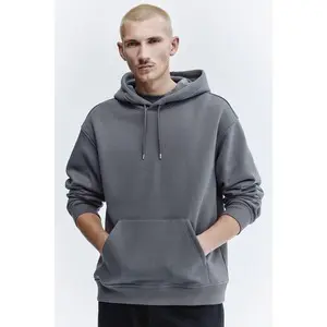 H&M H&M Relaxed Fit Cotton Blend Hoodie With Drawstring Hood Dark Gray
