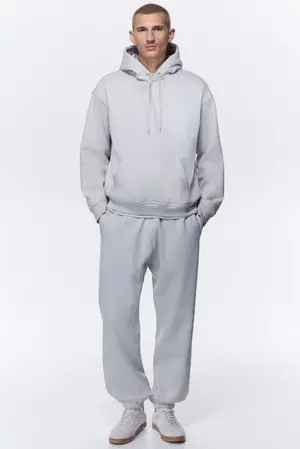 H&m Relaxed Fit Cotton Blend Hoodie With Drawstring Hood - Light Gray