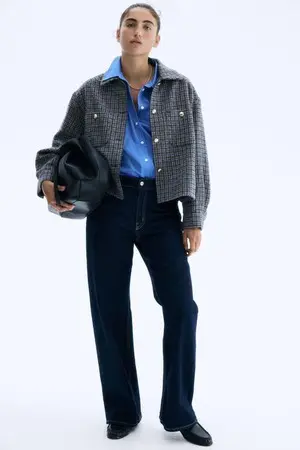 H&m Oversized Plaid Jacket With Classic Collar