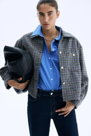 H&m Oversized Plaid Jacket With Classic Collar