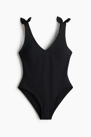 H&m One Piece Padded Cup Swimsuit With V-neck And Tie Straps - Black