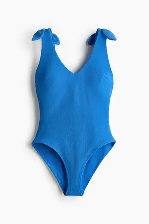 H&m One Piece Padded Cup Swimsuit With V-neck And Tie Straps - Blue