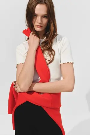 H&m Ribbed Cotton Jersey Top With Ruffle Trim