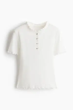 H&m Ribbed Cotton Jersey Top With Ruffle Trim
