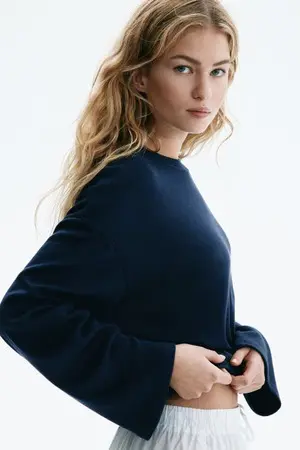 H&m Oversized Jersey Crewneck Top With Gathered Hem - Navy Blue