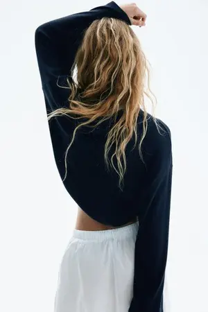 H&m Oversized Jersey Crewneck Top With Gathered Hem - Navy Blue