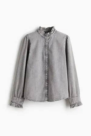 H&m Frill-trimmed Denim Blouse - Gray