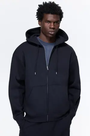 H&M Loose Fit Zip-through Hoodie - Dark Blue