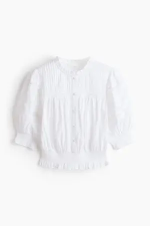 H&m Pintucked Cotton Blouse With Lace Insets And Puff Sleeves - White