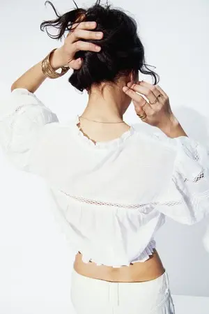 H&m Pintucked Cotton Blouse With Lace Insets And Puff Sleeves - White