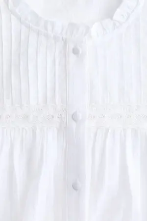H&m Pintucked Cotton Blouse With Lace Insets And Puff Sleeves - White