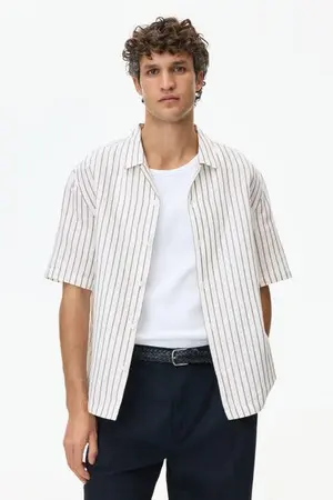 H&M Relaxed-fit Linen-blend Resort Shirt - White/striped