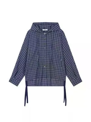 STUDIO TOMBOY Checked Seersucker Drawstring Hem Hoodie - Blue