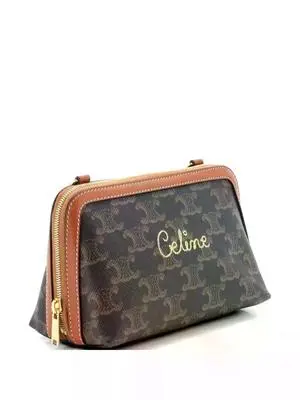 Celine Zip Around Chain Clutch Embroidered Triomphe Coated Canvas Shoulder Bag - Brown