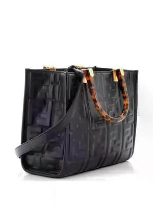 Fendi Sunshine Shopper Tote Zucca Embossed Leather Small Shoulder Bag - Black