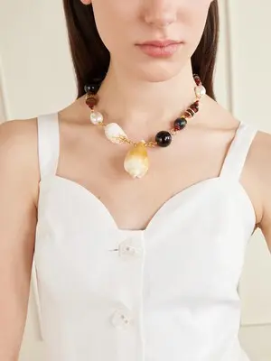 Tohum Design Gold-plated, Onyx, Leather And Seashell Beaded Necklace - Neutrals