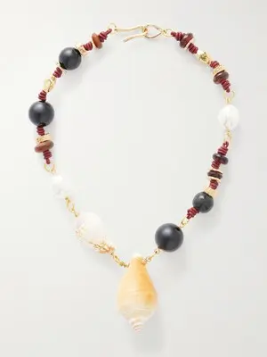 TOHUM DESIGN TOHUM Gold-Plated, Onyx, Leather And Seashell Beaded Necklace